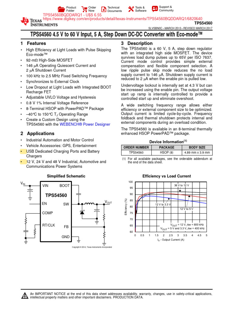TPS54560 - 4.5V To 60 V Input, 5 A Step-Down Converter | PDF ...