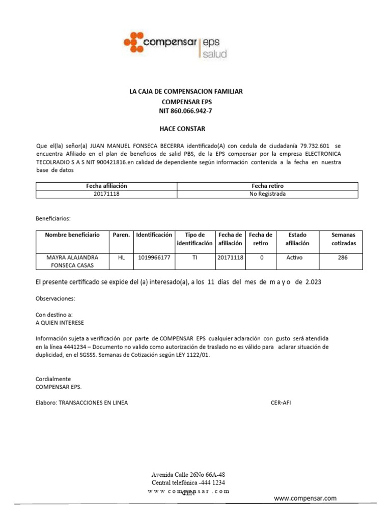 Formato Certificado Afiliacion Compensar | PDF