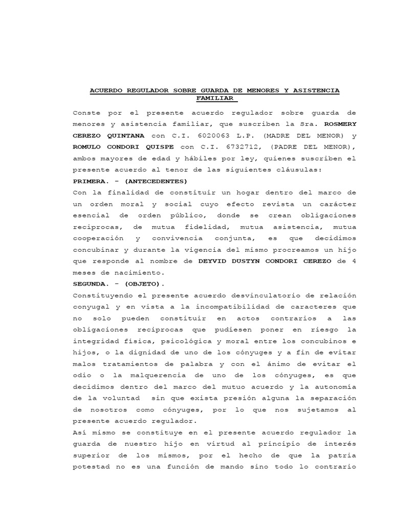 Acuerdo Regulador Sobre Guarda de Menores y Asistencia Familiar Roly. | Descargar gratis PDF ...
