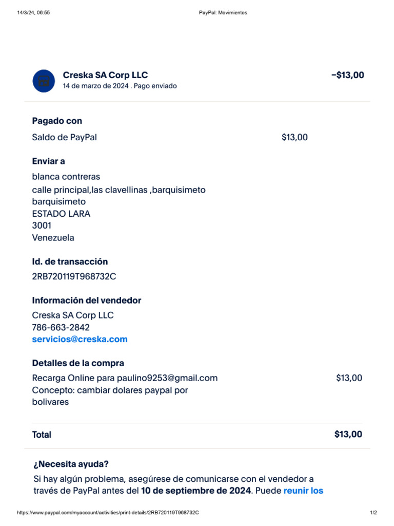 PayPal - Movimientos 14 Marzo | PDF