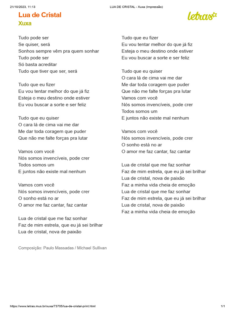 LUA DE CRISTAL - Xuxa (Impressão) | PDF