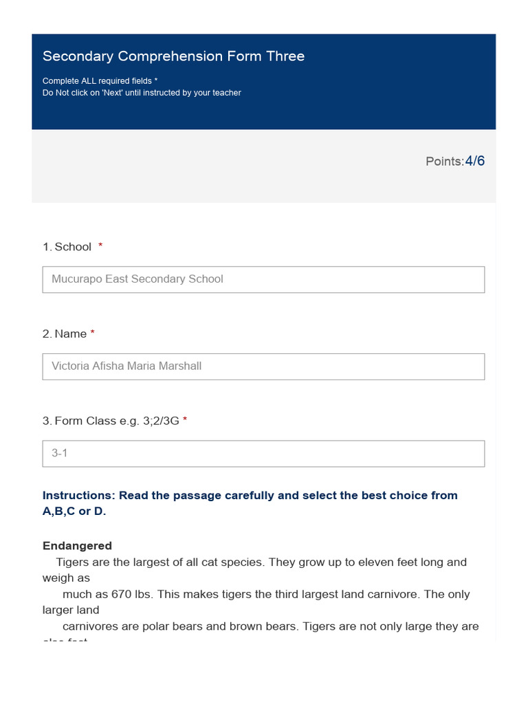 Secondary Comprehension Form Three | PDF | Tiger | Human