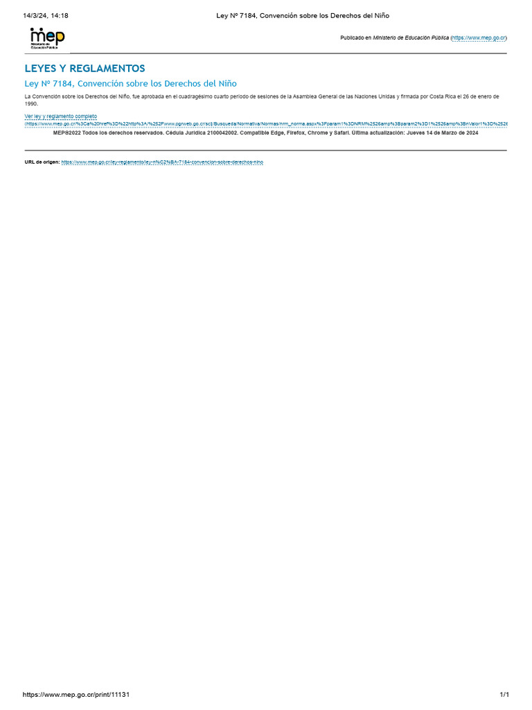 Ley #7184, Convención Sobre Los Derechos Del Niño | PDF | Finanzas y dinero | Ciencias sociales