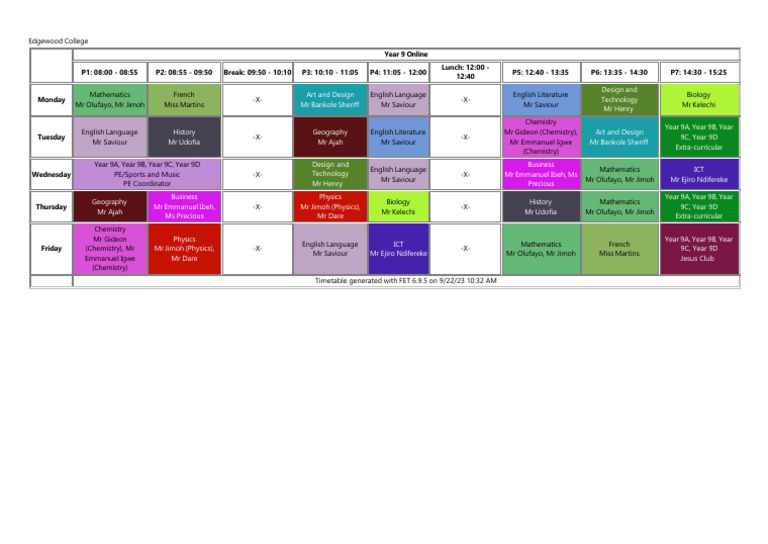 Year 9 Online Timetable for the 2023 and 2024 Session ( Term 2) | PDF