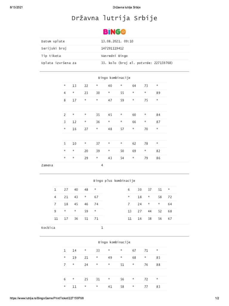 Državna lutrija Srbije BINGO 13082021 | PDF