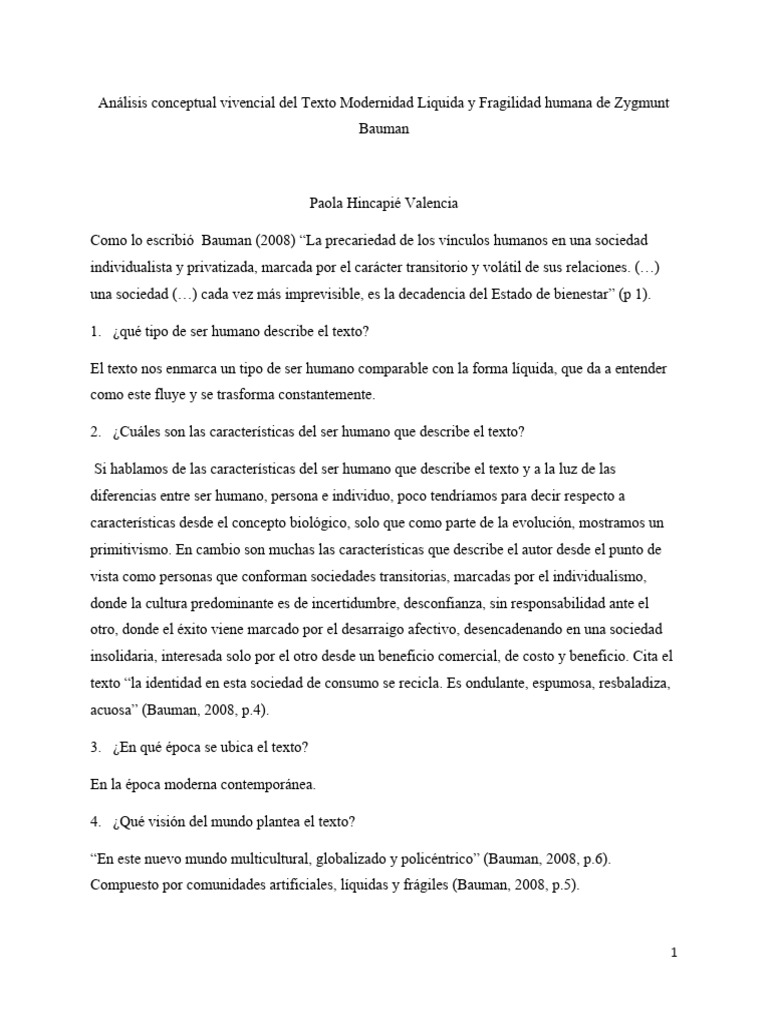 Análisis Conceptual Vivencial Del Texto Modernidad Liquida y Fragilidad ...