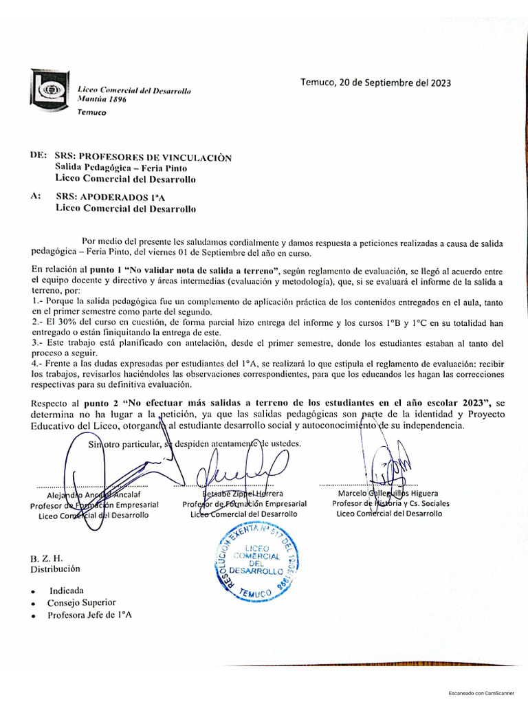 Carta Respuesta A Apoderados 1°a | PDF