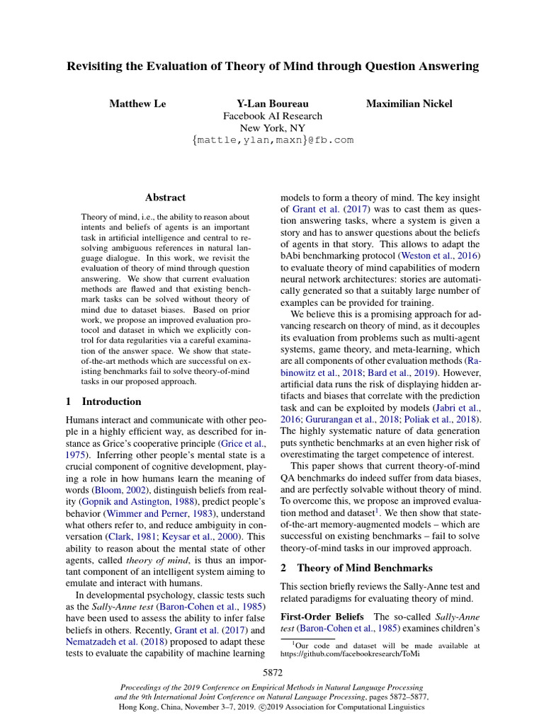 Revisiting the Evaluation of Theory of Mind Through Question Answering | PDF | Theory Of Mind ...