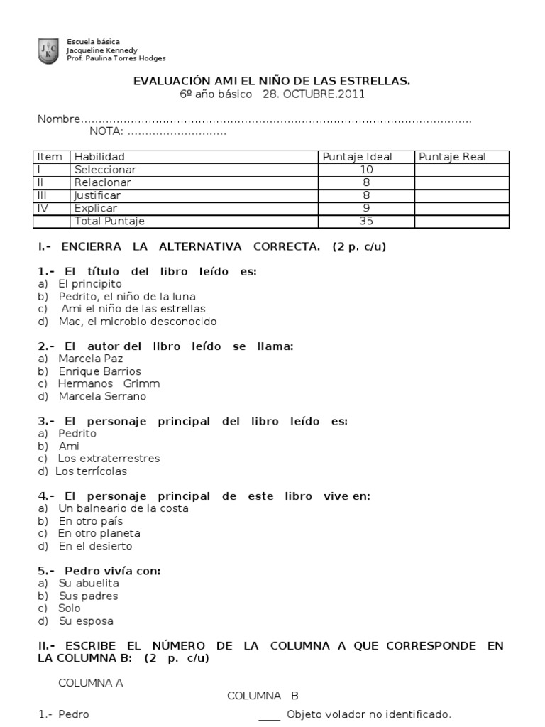Prueba Del Libro Ami El Niño de Las Estrellas | PDF