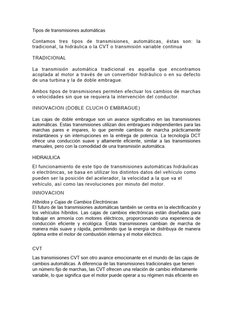 Tipos de transmisiones automáticas | PDF | Transmisión automática | Vehículos