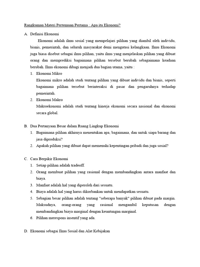 Rangkuman Materi Pertemuan 1 Dan 2 Ekonomi | PDF | Pengelolaan Keuangan ...