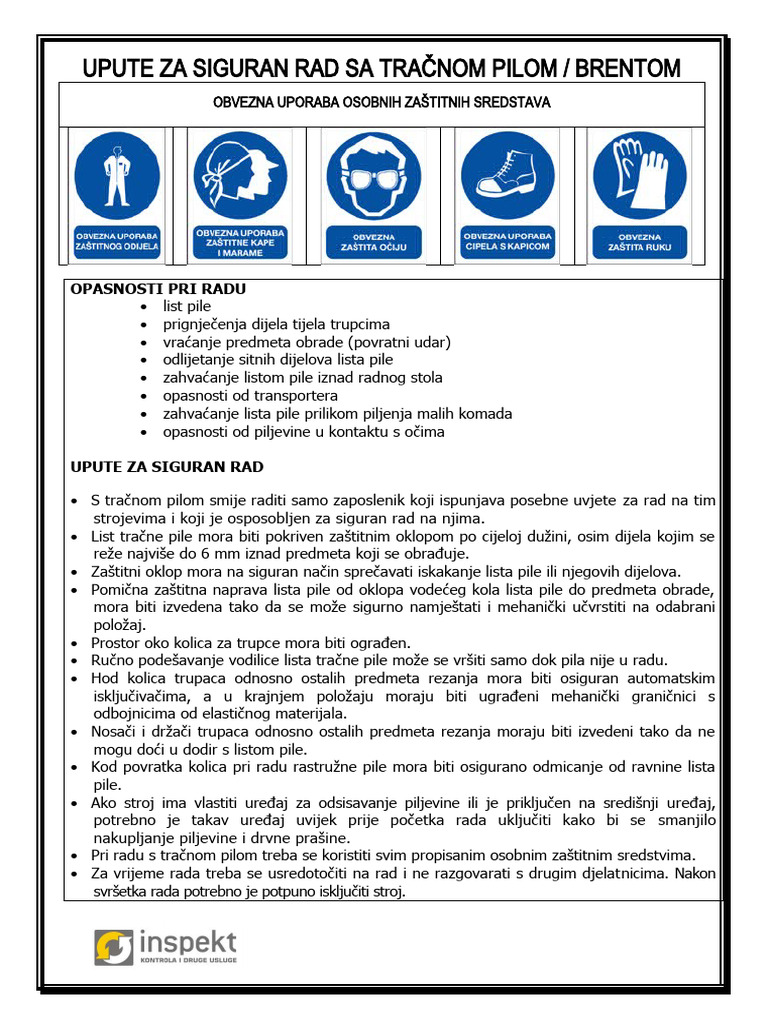 UPUTE ZA SIGURAN RAD SA TRAČNOM PILOM_BRENTOM | PDF