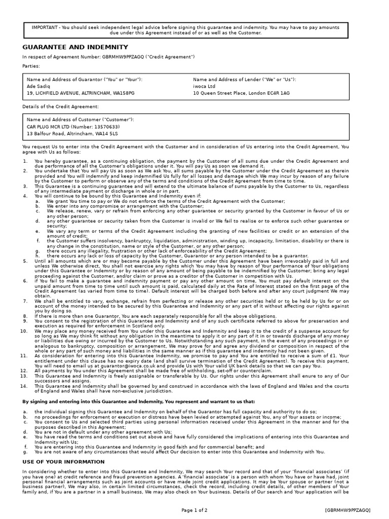 Iwoca Guarantee GBRMHW9PPZAGQ 2380707 | PDF | Guarantee | Indemnity