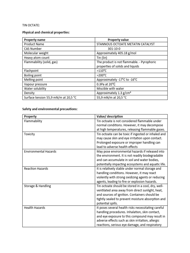 Safety Precuation of Tin Octate, N Hexanol | PDF | Water | Tin