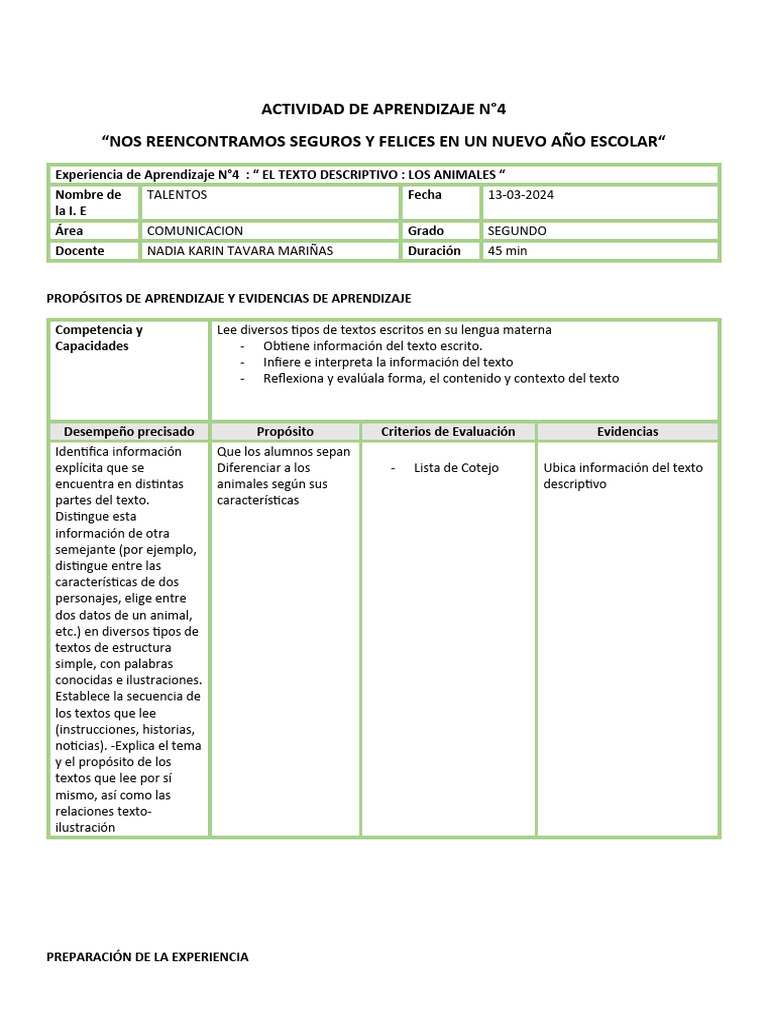 Sesion Texto Descriptivo De Los Animales Pdf Aprendizaje