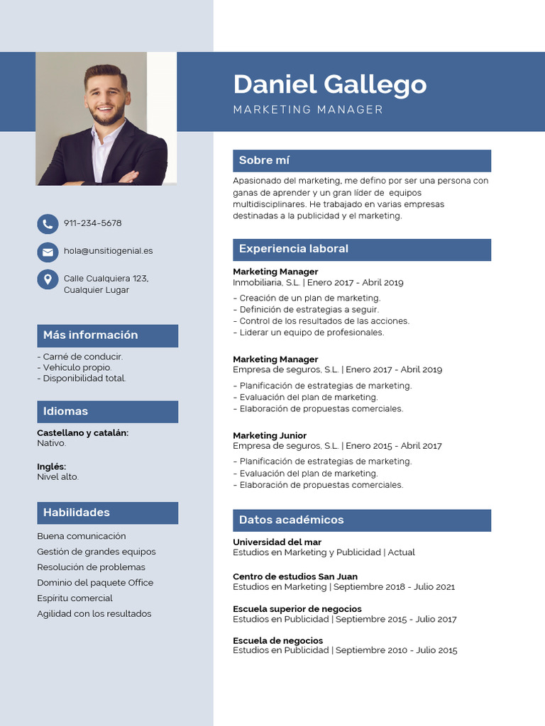 Currículum Marketing Manager Foto Sobrio Azul | PDF | Finanzas y dinero