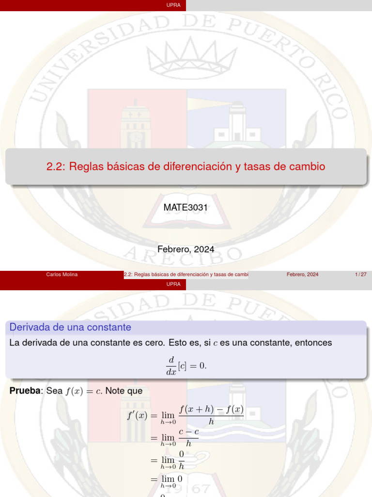 2.2: Reglas B Asicas de Diferenciaci On y Tasas de Cambio: MATE3031 | PDF | Derivado | Velocidad