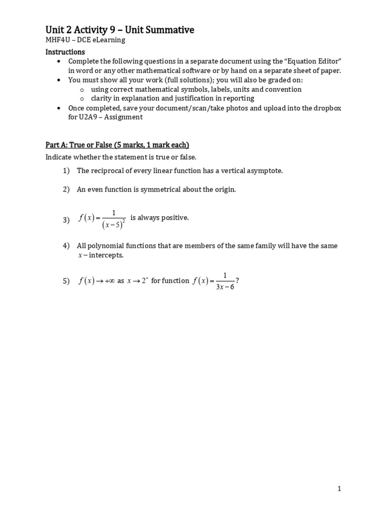 MHF4U Unit 2 Summative Activity | PDF | Function (Mathematics) | Asymptote