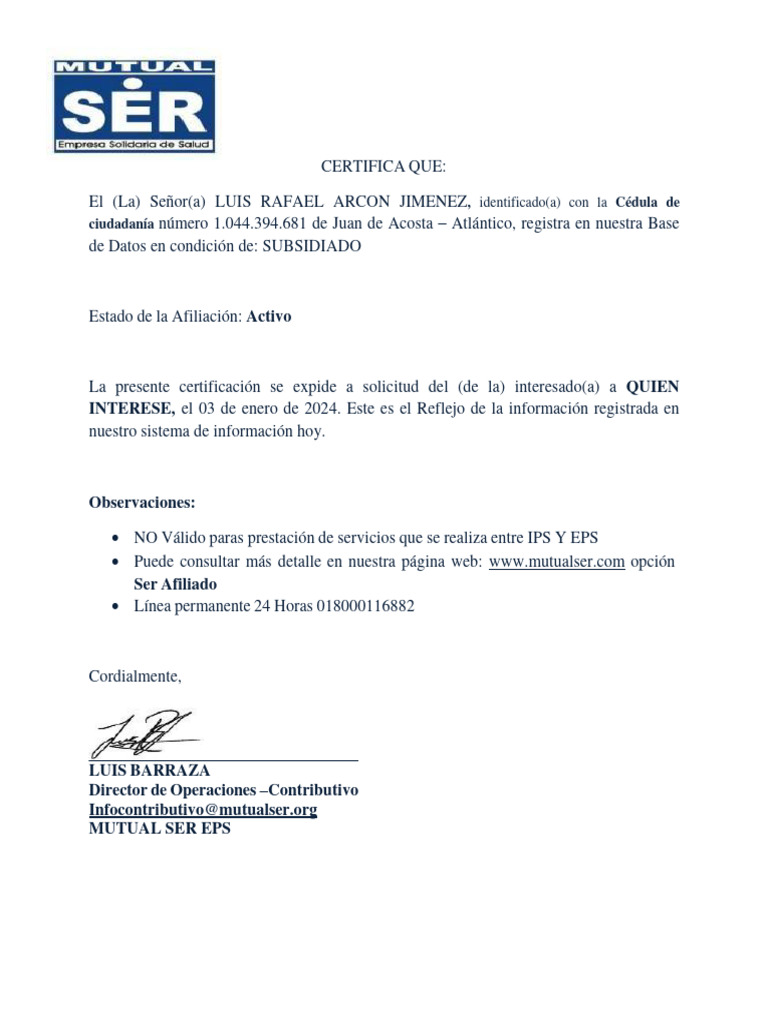 Certificacion Mutual Ser Luis Arcon Jimenez | PDF