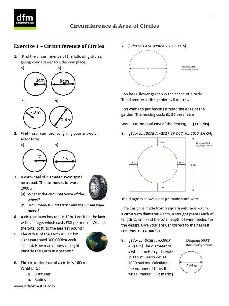 Circle Geometry: Circumference & Area Exercises | PDF | Area | Circle