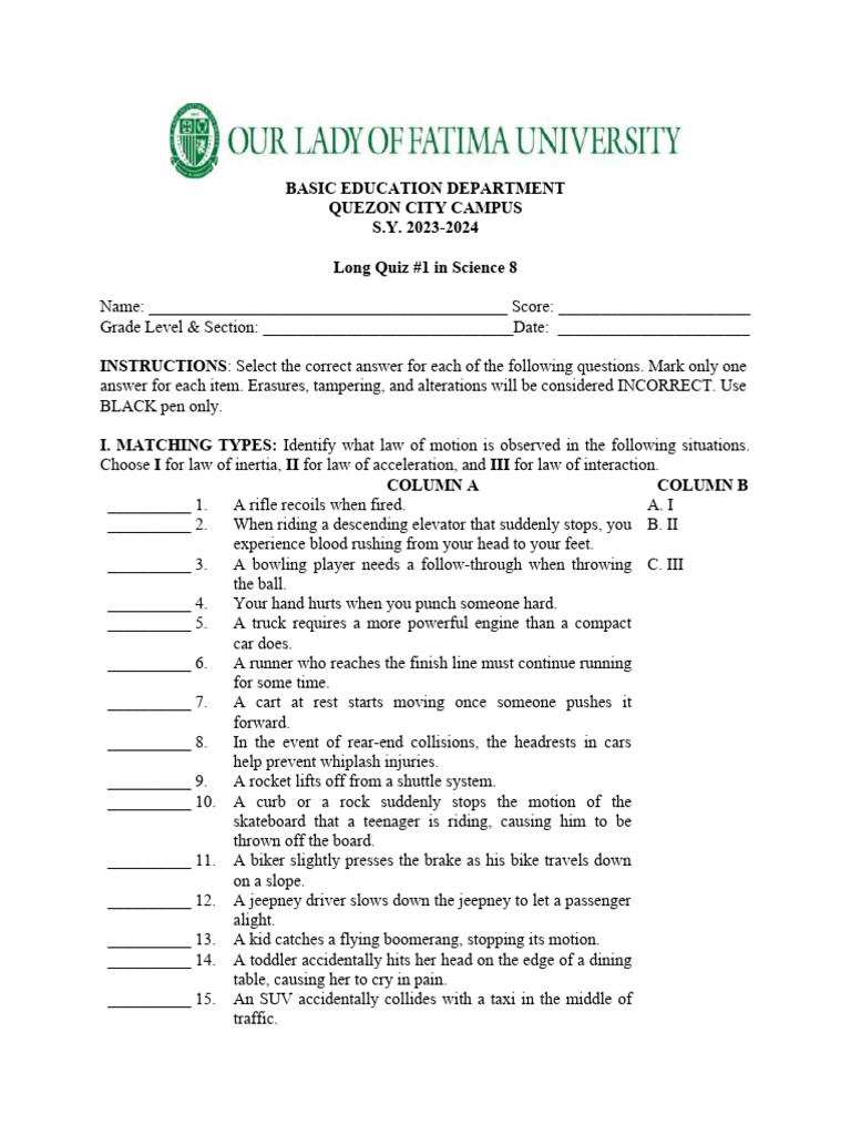 Sci8 Long Quiz | PDF | Force | Acceleration