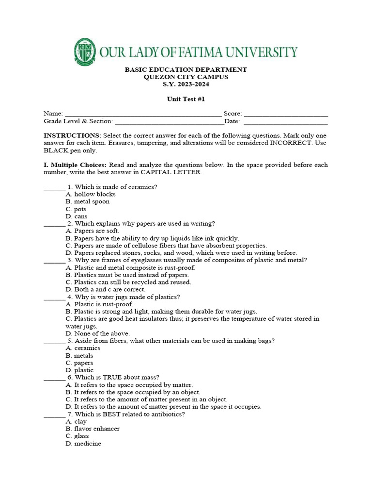 Sci5 Unit Test 1 | PDF