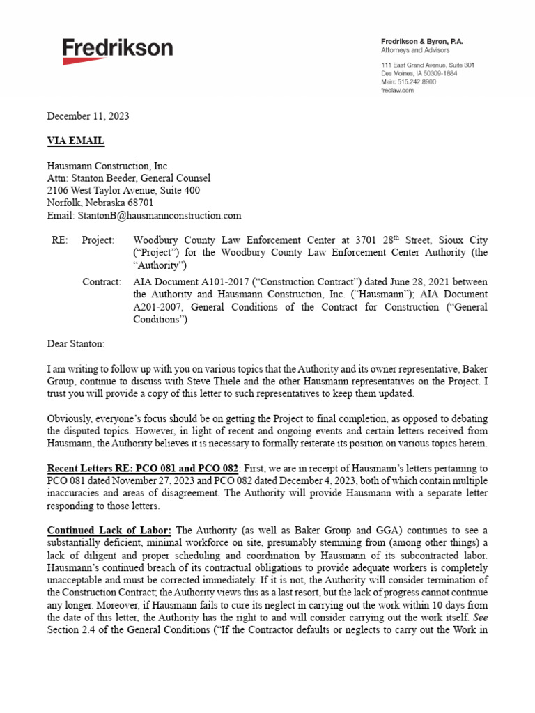 2023-12-11 Letter From Authority To HCI (80954691.1) | PDF | Breach Of ...