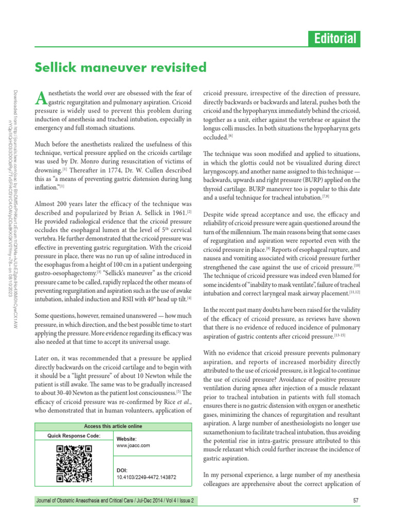 Revisiting the Sellick Maneuver | PDF | Anesthesia | Clinical Medicine