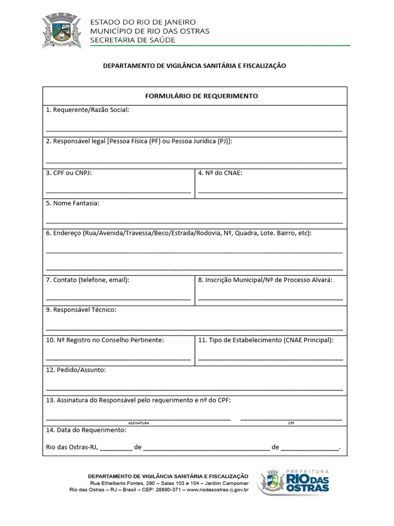 Formulário de Requerimento da Vigilância Sanitária | PDF