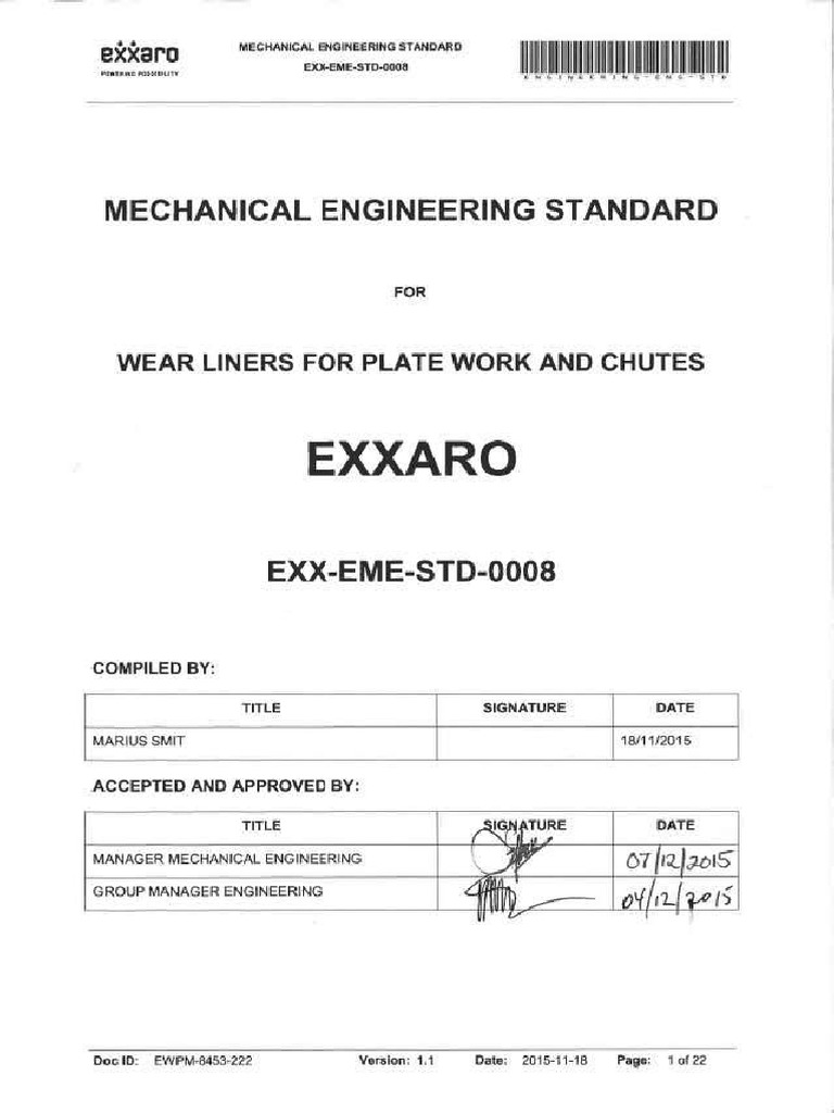 EXX-EME-STD-0008 - Wear Liners For Plate Work and Chutes | PDF