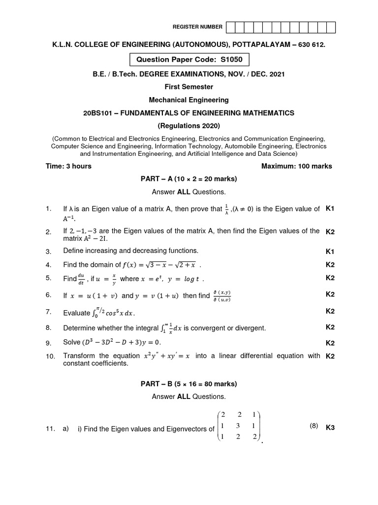Prev year Maths Autonomous QP | PDF | Eigenvalues And Eigenvectors | Matrix (Mathematics)