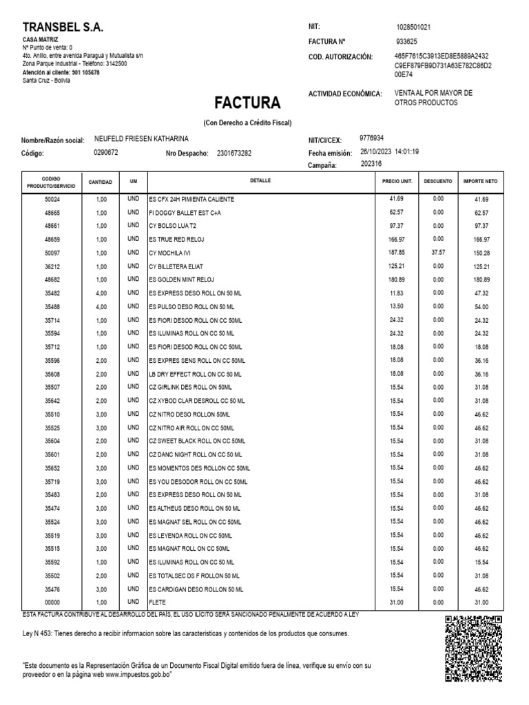 Factura de Transbel S.A. - 26/10/2023 | PDF
