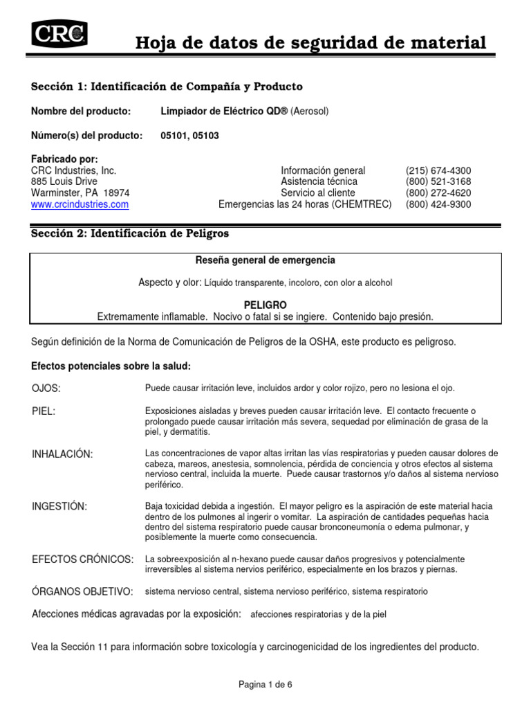 MSDS Limpa Contactos - CRC | PDF | Aerosol | Química