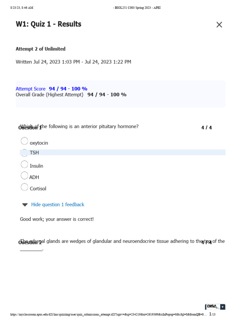 Biol251 w1 Quiz 1 | PDF | Pituitary Gland | Hormone