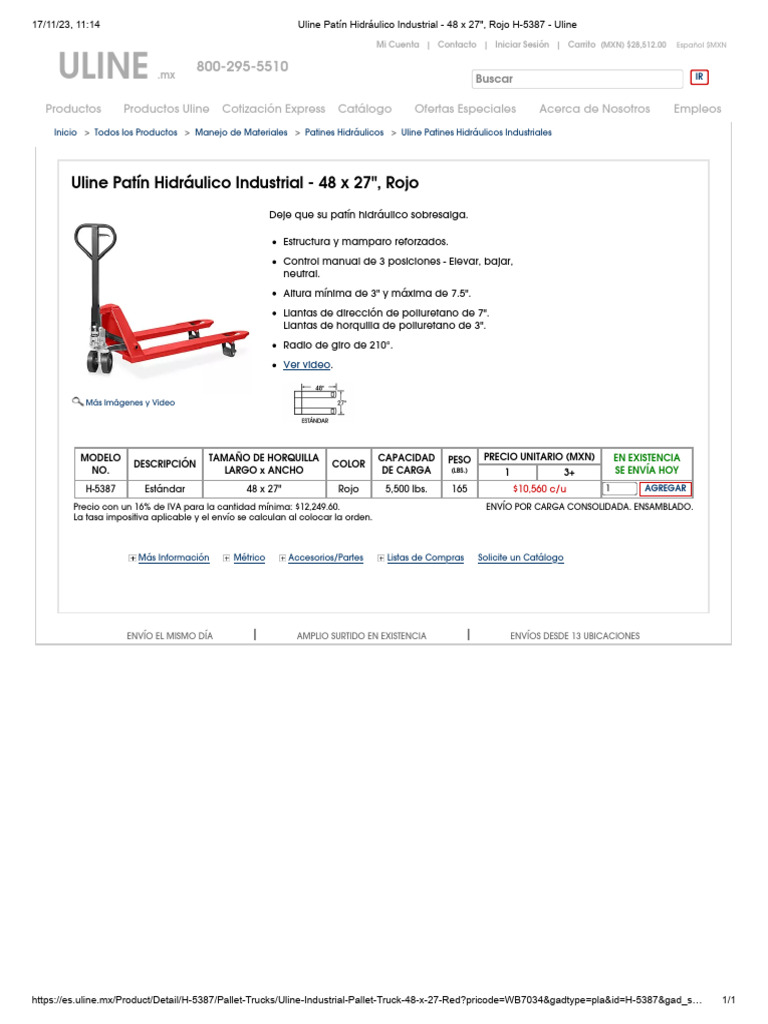 Uline Patín Hidráulico Industrial - 48 X 27 - , Rojo H-5387 - Uline | PDF