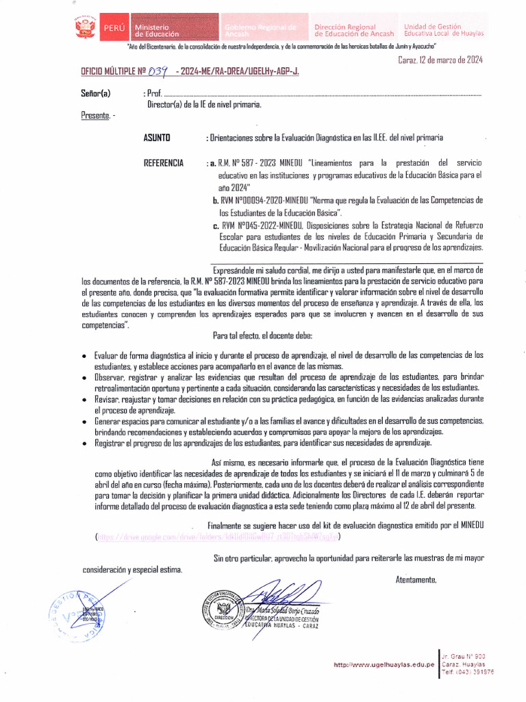 Oficio Mul 039-2024 Orientaciones Evaluacion Diagnotica Primaria (1) | PDF