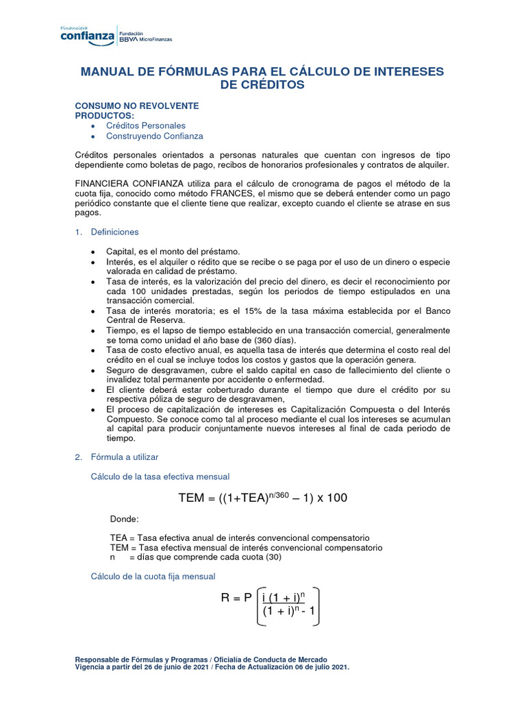 Manual de Formulas Para El Calculo de Intereses de Creditos | PDF