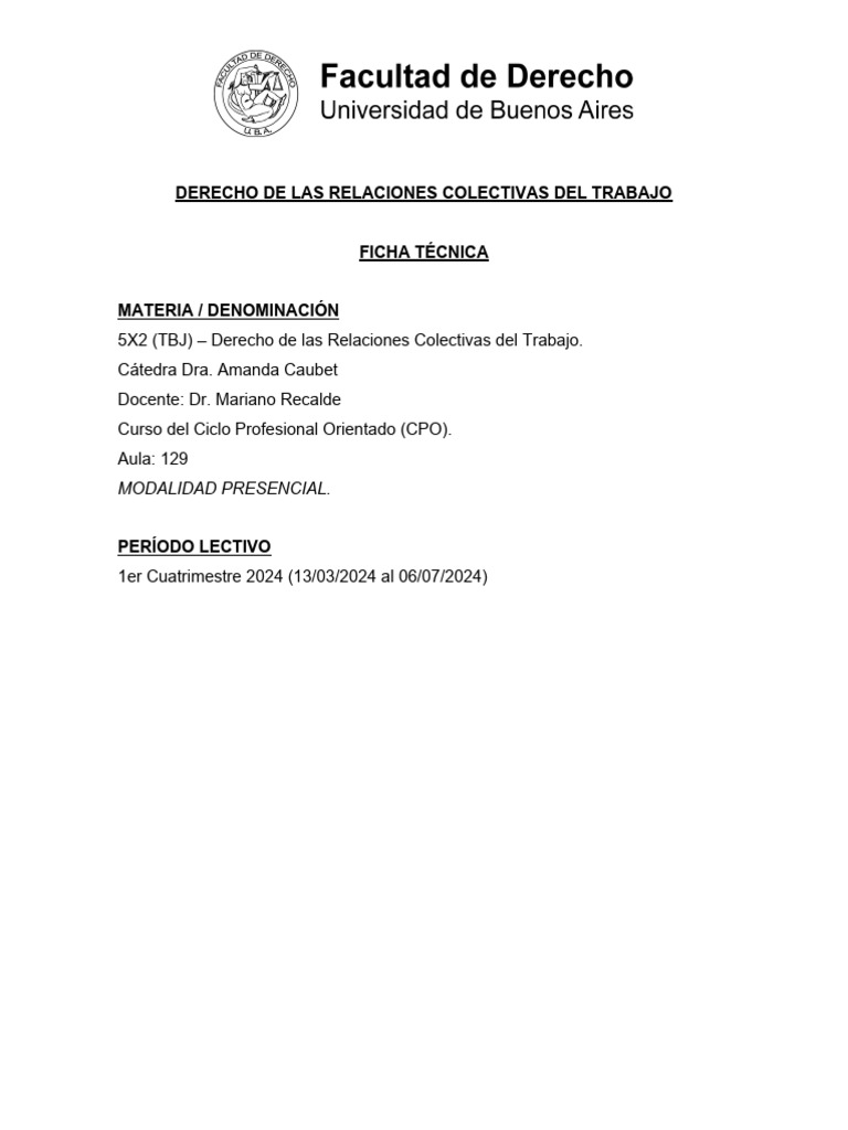 UBA - DERECHO - Programa de Clases - 1C - 2024 (A) | PDF | Acuerdo ...