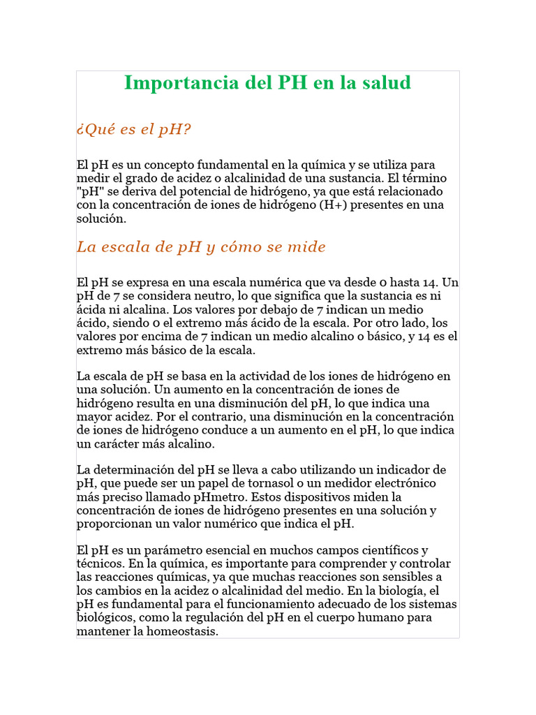 Importancia Del PH en La Salud | PDF | Ácido | Ph