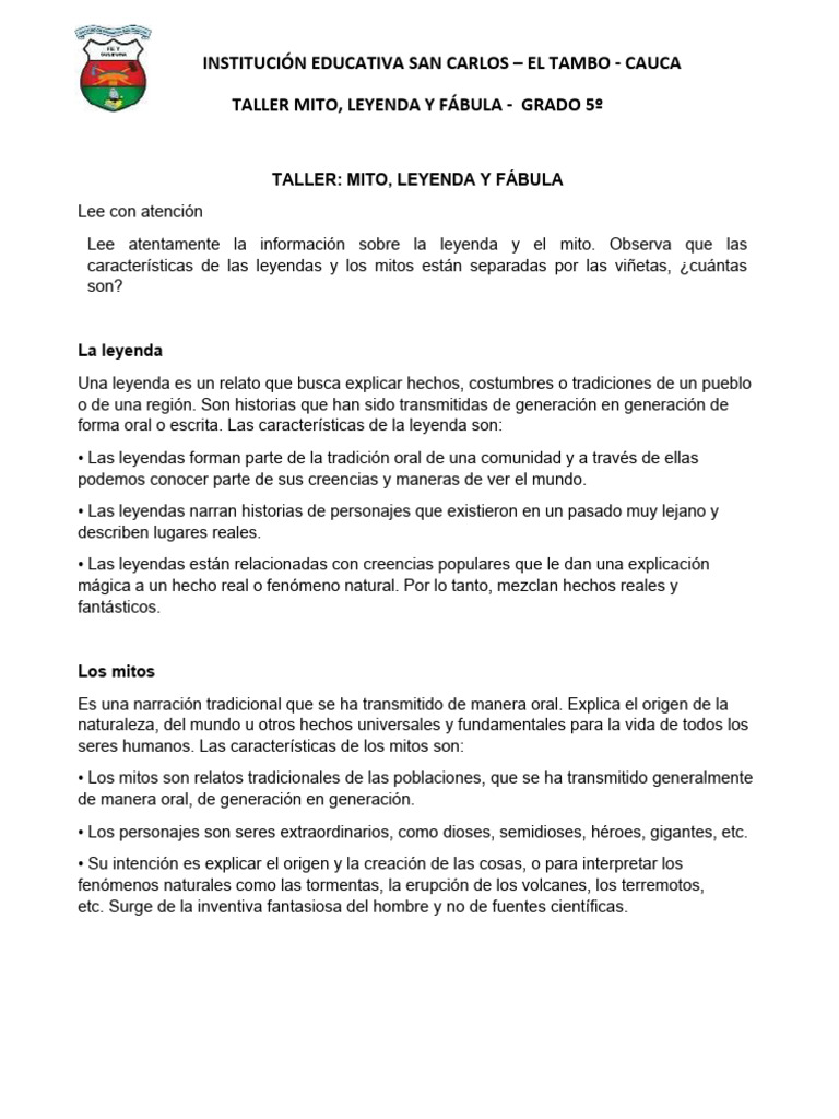 Taller de Mitos, Leyendas y Fábulas | PDF | Leyendas | Fábula