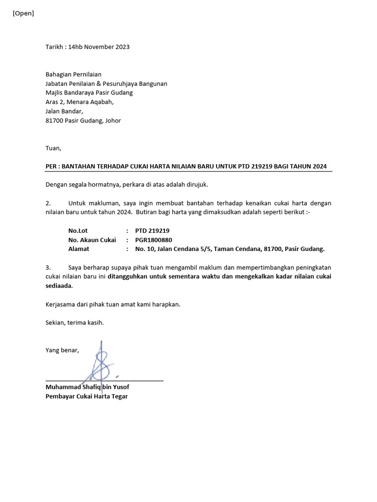 Surat Bantahan Nilaian Baru Cukai Harta | PDF