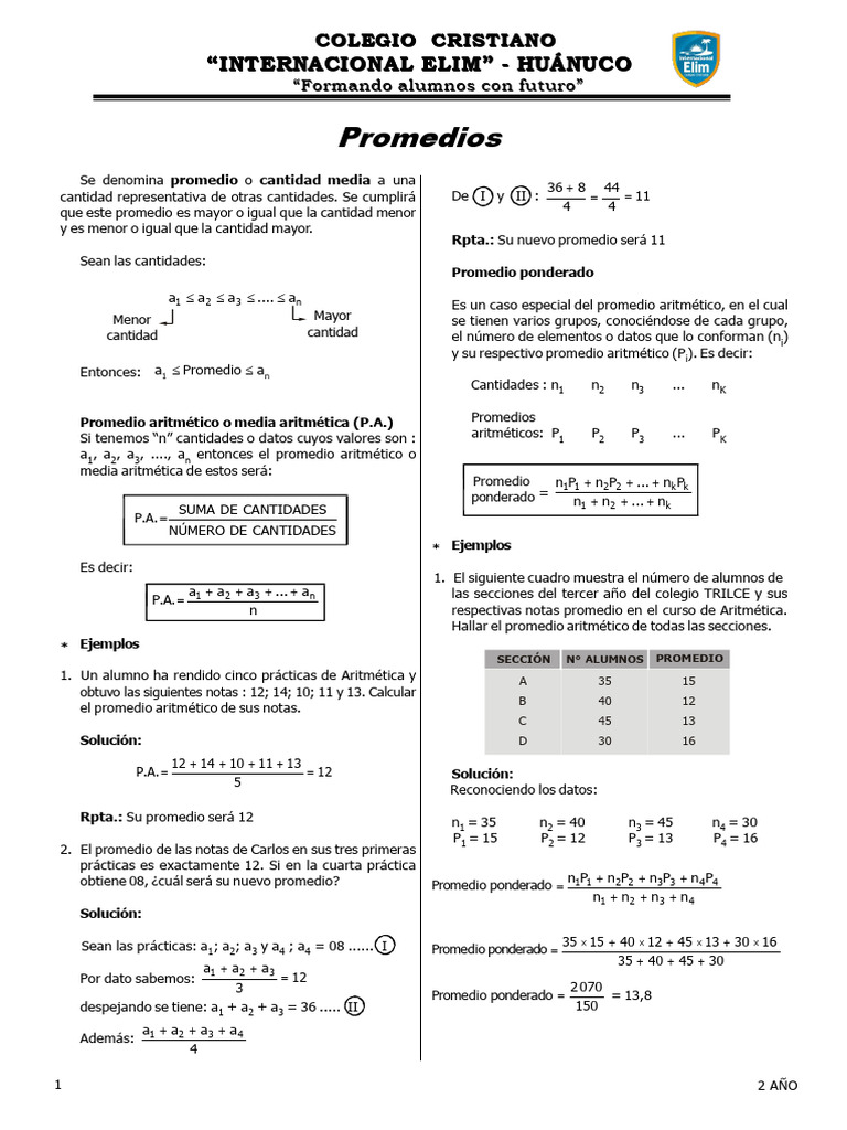 09 Teoría y Ejercicios de Promedios Segundo | PDF