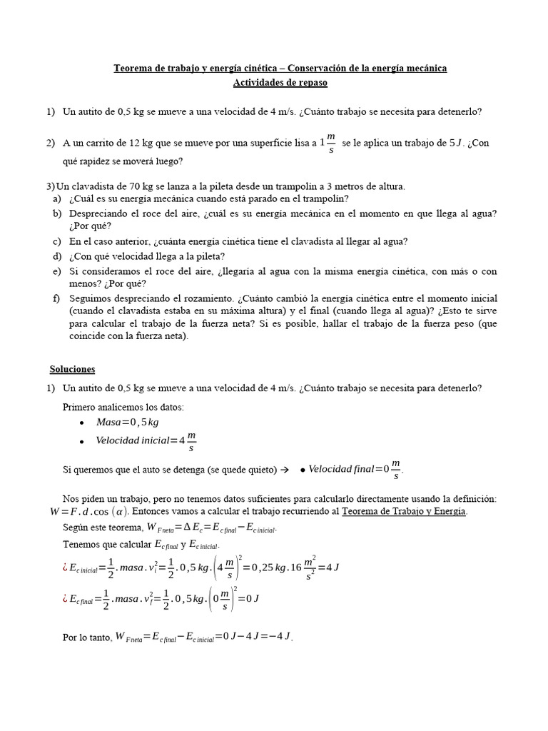 Teorema de W y Ec - Conservación de La Em. Actividades de Repaso | PDF ...