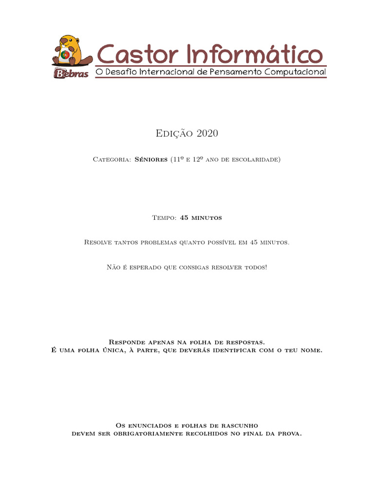 Bebras 2020: Prova de Pensamento Computacional | PDF | Science | Pensamento