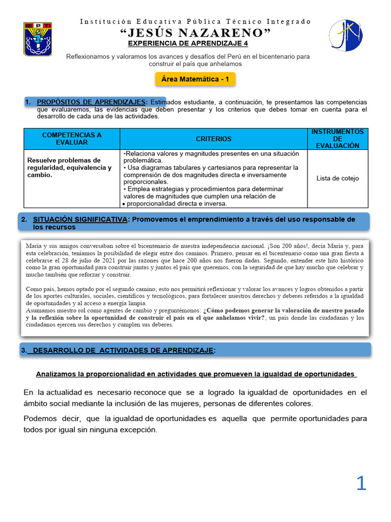 EXPERIENCIA DE APRENDIZAJE 04 MATEMATICA - II | PDF | Evaluación | Aprendizaje