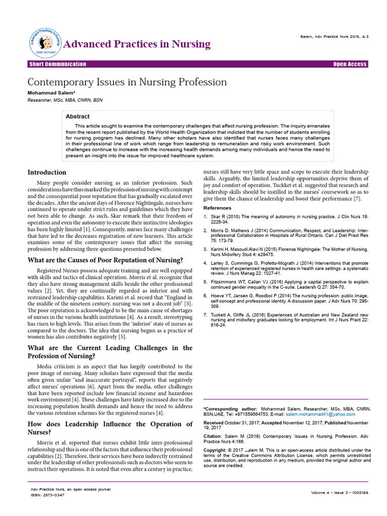 Contemporary Issues in Nursing Profession | PDF | Nursing | Leadership