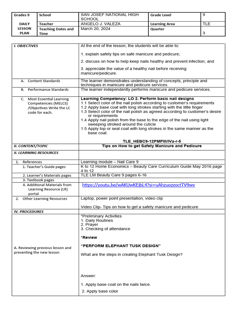 DLP TIPS ON HOW TO GET SAFETY MANICURE PEDICURE Wednesday Updated | PDF ...