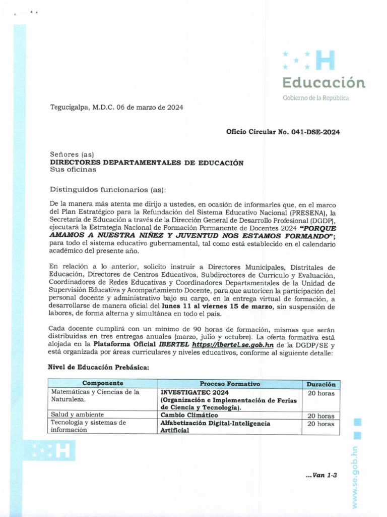 Oficio Circular 041-DSE-24 DDE Estrategia Nacional Porque Amamos A Nuestra Niñez y Juventud Nos ...
