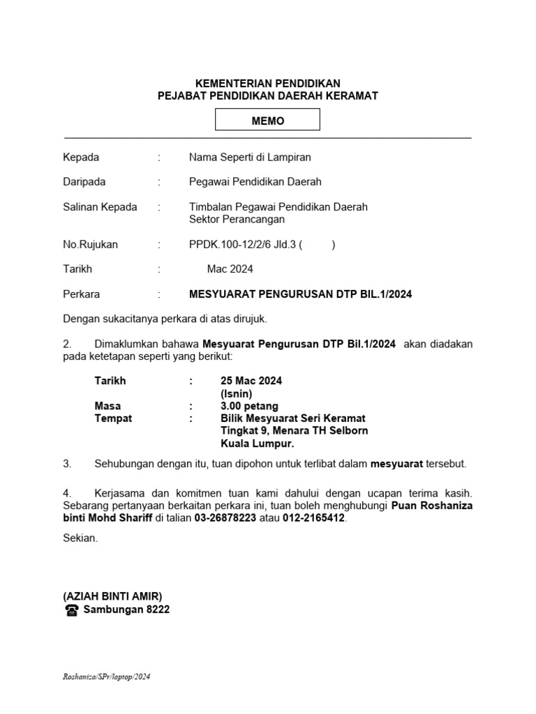 MEMO Mesyuarat Pengurusan DTP | PDF