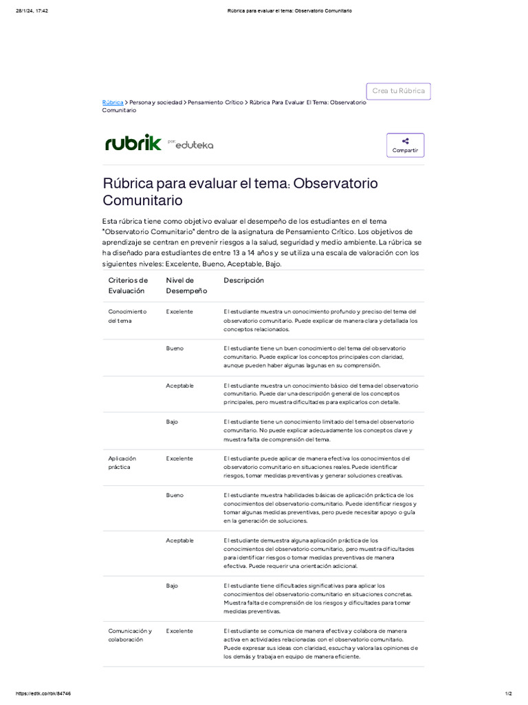 Rúbrica para Evaluar El Tema - Observatorio Comunitario | PDF | Rúbrica ...